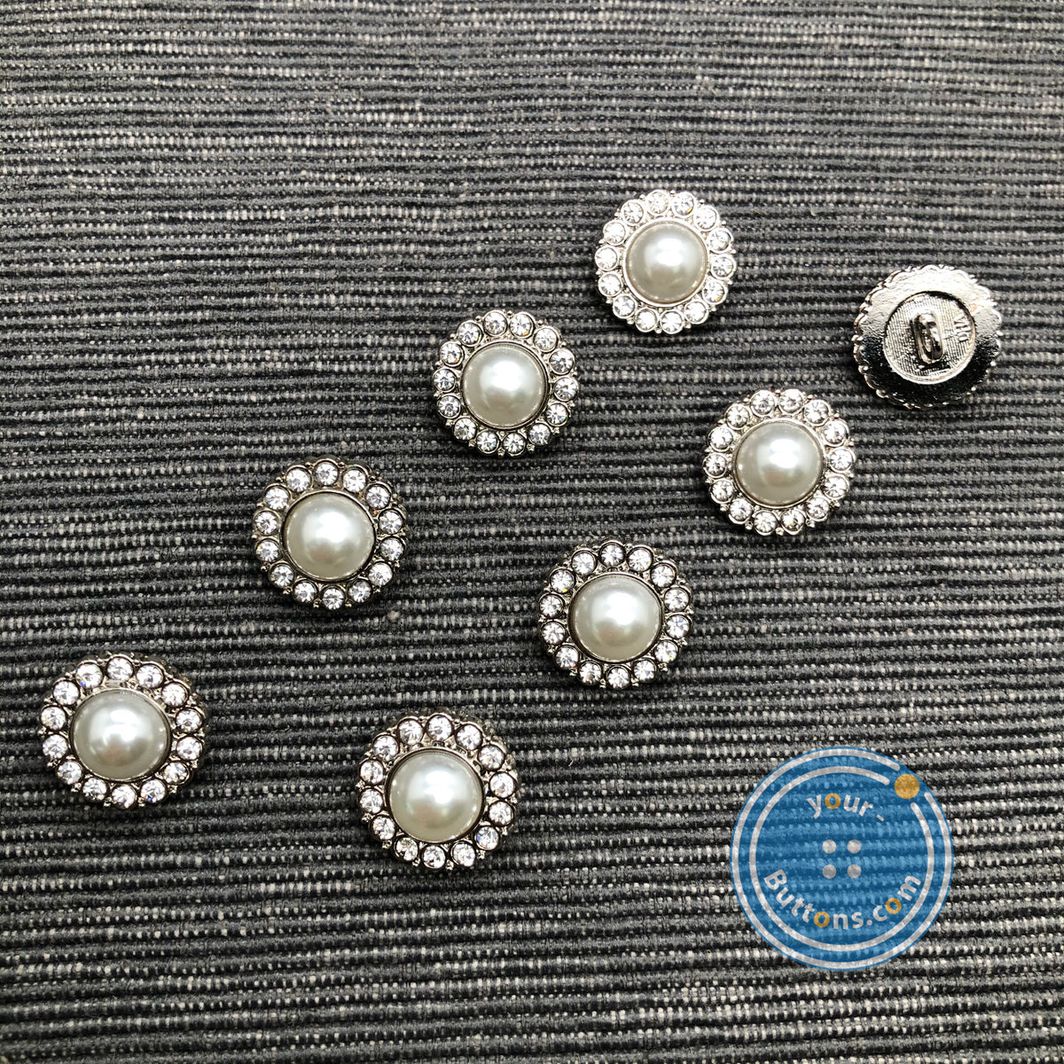(2 pieces set) 15mm Pearl button with diamonds silver shank button ...